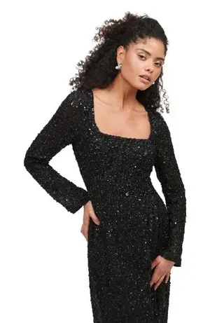 BEAUUT Embellished Sequin Beaded Maxi Dress With Wrap Bottom