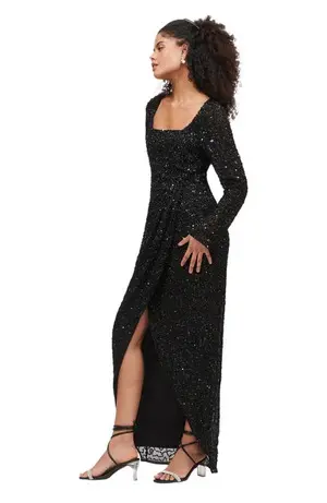 BEAUUT Embellished Sequin Beaded Maxi Dress With Wrap Bottom