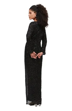 BEAUUT Embellished Sequin Beaded Maxi Dress With Wrap Bottom