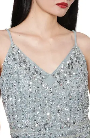 BEAUUT Occasion Embellished Sequin Beaded Strap Evening Dress - Misty Grey