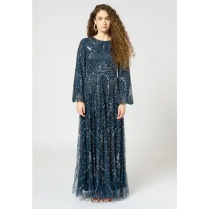 MARYISA Embellished Beaded Floral Maxi Dress - Navy