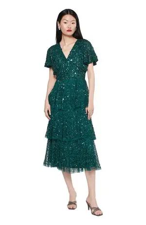 BEAUUT Embellished Beaded Midi Dress - Emerald Green