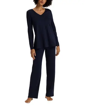 Hanro Cotton Silk V Neck Long Sleeve Pajama Set - Deep Navy