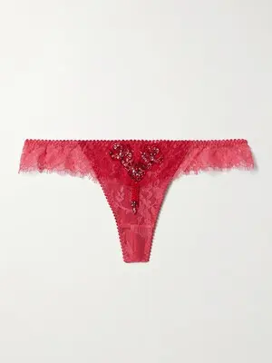Agent Provocateur Graicelle Embellished Leavers Lace And Stretch-silk Satin Thong - Red