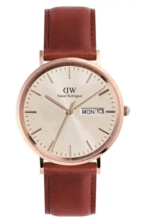 DANIEL WELLINGTON Classic Day Display St. Mawes Leather Strap Watch - Rose Gold