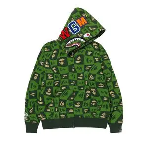 A BATHING APE Distortion Shark Relaxed Fit Full Zip Hoodie - Green