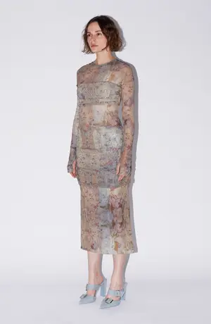 SAEMDI Floral Draped Mesh Dress