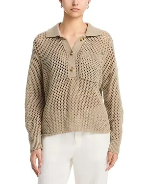 Aqua Open Stitch Crochet Polo Sweater - Cuban Sand