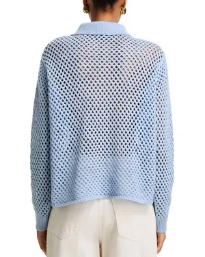 Aqua Open Stitch Crochet Polo Sweater - Sky
