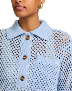 Aqua Open Stitch Crochet Polo Sweater - Sky