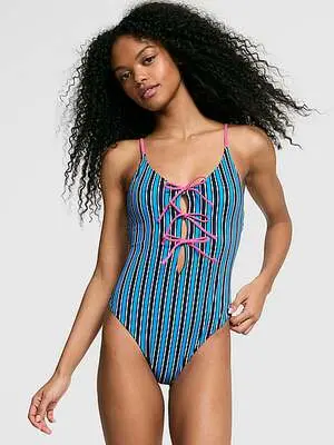 Pink Front-tie One-piece Swimsuit - Print