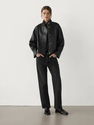 Massimo Dutti Loose-Fitting Nappa Leather Jacket - Black