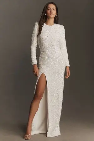 HELSI Long-sleeve Open-back Sequin Maxi Dress - White Multi