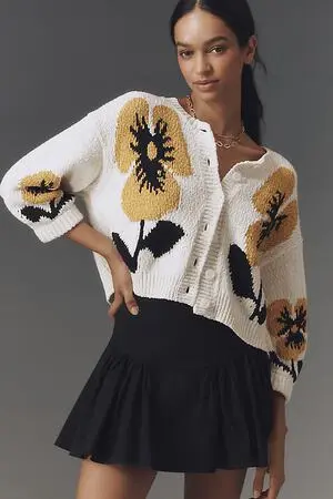 Maeve Elbow-sleeve Floral Cardigan Sweater - Yellow Pattern