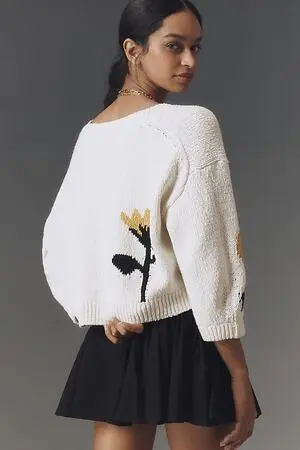 Maeve Elbow-sleeve Floral Cardigan Sweater - Yellow Pattern