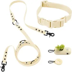 THE LICKER STORE Luna Adjustable 6-in-1 Waterproof Hands-free Leash And Collar With Led Flashlight, Bag Dispenser - Almond