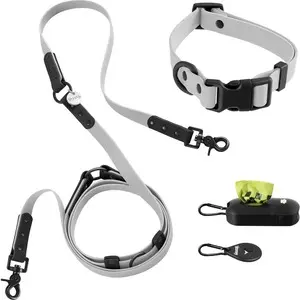 THE LICKER STORE Luna Adjustable 6-in-1 Waterproof Hands-free Leash And Collar With Led Flashlight, Bag Dispenser - Gray/black