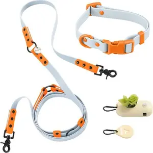 THE LICKER STORE Luna Adjustable 6-in-1 Waterproof Hands-free Leash And Collar With Led Flashlight, Bag Dispenser - Light Blue/orange