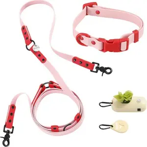 THE LICKER STORE Luna Adjustable 6-in-1 Waterproof Hands-free Leash And Collar With Led Flashlight, Bag Dispenser - Pink/red