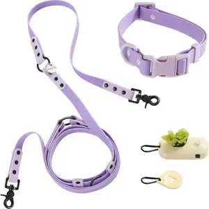 THE LICKER STORE Luna 8ft Adjustable 6-in-1 Waterproof Hands-free Leash And Collar With Led Flashlight, Bag Dispenser - Purple/light Purple