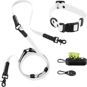 THE LICKER STORE Luna 8ft Adjustable 6-in-1 Waterproof Hands-free Leash And Collar With Led Flashlight, Bag Dispenser - White/black