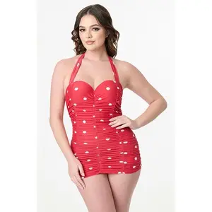Unique Vintage Mansfield Halter One-piece Swimsuit - Red & White Dots