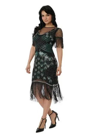 Unique Vintage Beaded Nadine Fringe Flapper Dress - Black