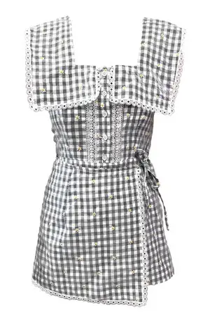 Anna Sui Daisy Embroidery Gingham Romper