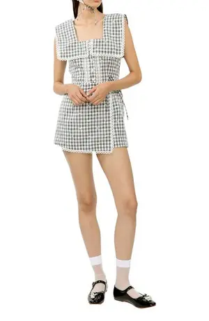 Anna Sui Daisy Embroidery Gingham Romper