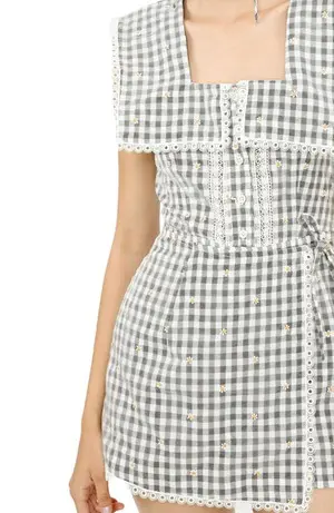 Anna Sui Daisy Embroidery Gingham Romper