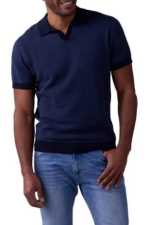 THE NORMAL BRAND Robles Johnny Collar Textured Cotton Jacquard Polo Sweater Denim/navy