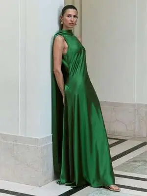 REISS Satin Cape Maxi Dress Green