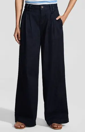 LANDS' END Lightweight Denim Mid Rise Pleated Slouchy Jeans - Deep Rinse