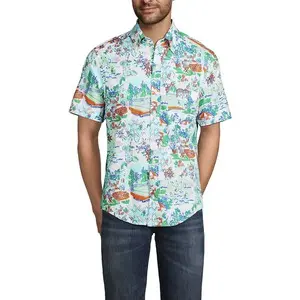 LANDS' END Short Sleeve Essential Lightweight Poplin Green/multi Summer Scenic