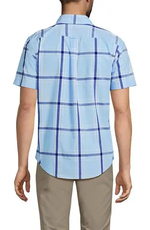 LANDS' END Short Sleeve Essential Lightweight Poplin - Light Blue Sky/cobalt Plaid