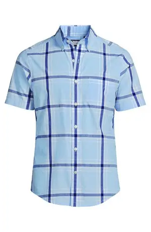 LANDS' END Short Sleeve Essential Lightweight Poplin - Light Blue Sky/cobalt Plaid