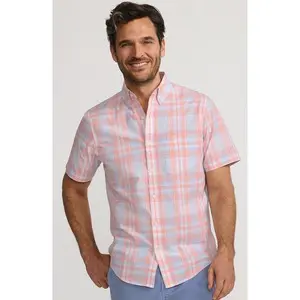 LANDS' END Short Sleeve Essential Lightweight Poplin Light Blue Sky/peach Plaid