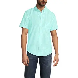 LANDS' END Short Sleeve Essential Lightweight Poplin Pale Aqua Ice/green Stripe