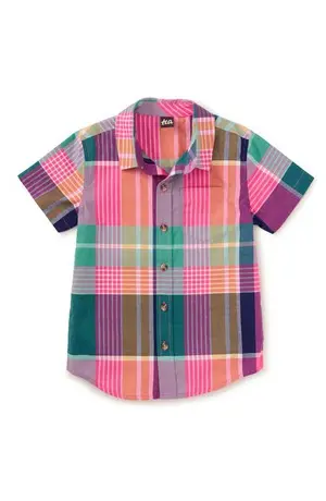 TEA COLLECTION Plaid Button Up Woven Shirt - Carnival Rainbow Plaid
