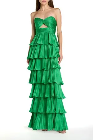 Mac Duggal Pleated Charmeuse Strapless Tiered Ruffle Gown - Spring Green