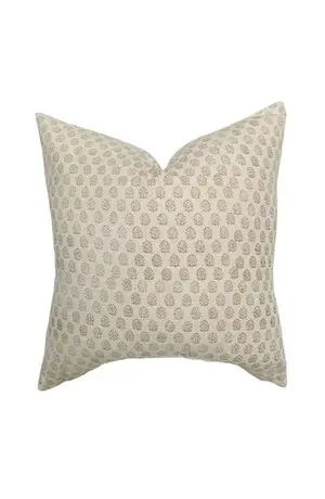 LINEN & JAMES Paige Tan Floral Handblock Pillow Cover - Ivory