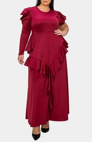 L I V D Vivienne Ruffle Maxi Dress - Burgundy