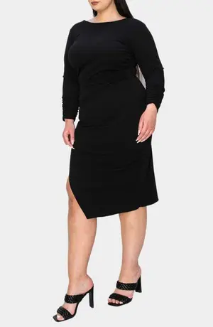 L I V D Bianca Open Back Side Slit Long Sleeve Stretch Dress - Black