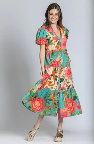 APNY Mix Print Tiered Dress - Turquoise Multi