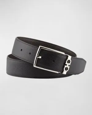 FERRAGAMO Reversible Textured Leather Belt With Gancini Buckle - Black