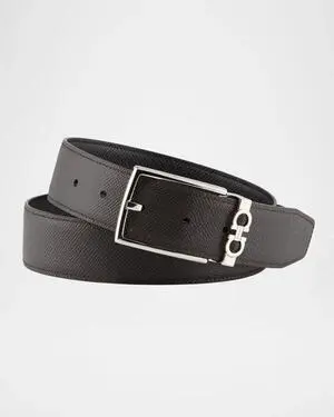 FERRAGAMO Reversible Textured Leather Belt With Gancini Buckle - Black
