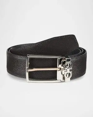 FERRAGAMO Reversible Textured Leather Belt With Gancini Buckle - Black