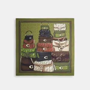COACH Stacked Tabby Bags Print Silk Square Scarf Olive Multi