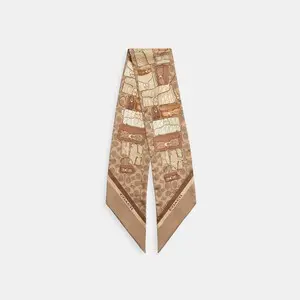 COACH Stacked Tabby Bags Print Silk Skinny Scarf - Tan