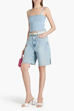 Alice + Olivia Cropped Shirred Denim Top